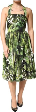 Dolce & Gabbana Femme, Robes, Vert, Taille: 34 FR Leaves Print Cotton Halter Midi Dress