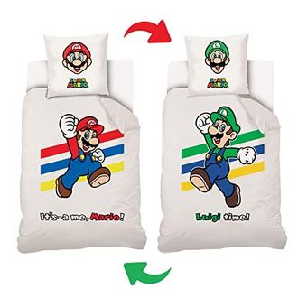 Nintendo Mario - Funda n&oacute;rdica Its Luigi Reversible ADO 140 x 200 cm + 1 Funda de Almohada de 63 x 63 cm, 100% algod&oacute;n, Color Blanco