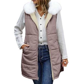 Generic Gilet long &agrave; capuche pour femme - Automne - Hiver - Gilet matelass&eacute; sans manches - Doudoune doubl&eacute;e - Gilet polaire chaud - Gilet long &agrave; capuche - Gil