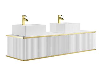Vente-Unique Waschbeckenunterschrank h&auml;ngend mit quadratischem Doppelaufsatzwaschbecken - Streifenoptik - Goldfarbene Umrandung - Wei&szlig; - 150 cm - KELIZA