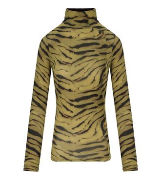 Ganni TOP &Agrave; COL ROUL&Eacute; IMPRIM&Eacute; Z&Egrave;BRE KHAKI GANNI