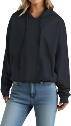 Generic Sweat &agrave; capuche d&eacute;contract&eacute; pour femme - Couleur unie - Manches longues - Chemisier uni - Doux et &eacute;pais - Avec cordon de serrage - Grande taille, Noir
