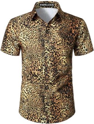 PARKLEES Chemise &agrave; manches courtes imprim&eacute;e l&eacute;opard pour homme, chemise d&eacute;contractante avec motif gu&eacute;pard, boutonn&eacute;e, marron clair, XL
