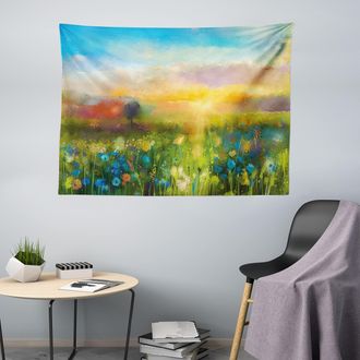 Abakuhaus Kunst Wandteppich, Löwenzahn blüht in der Wiese, Wohnzimmer Schlafzimmer Heim Seidiges Satin Wandteppich, 200 x 150 cm, Aqua Grün