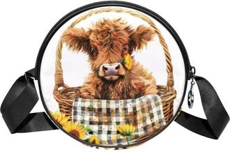 Generic Sac &agrave; bandouli&egrave;re rond pour femme, motif vache et tournesols avec fermeture &eacute;clair et bretelles r&eacute;glables