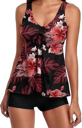 Ocean Plus Femme Deux Pi&egrave;ces X-Back Conservateur Tankini Set avec des Hotpants Noirs Shorts Maillot de Bain Ray&eacute; avec des Sangles Short de Bain (L (EU 42-44), Fe