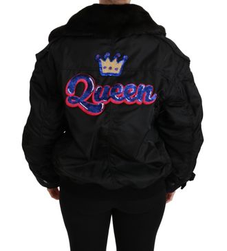 Dolce & Gabbana Womens Black Queen Crown Sequined Bomber Jacket Nylon Clothing