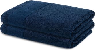 Looks by Wolfgang Joop 2X Duschtuch 70x140 cm - 100% Baumwolle Doppelpack Luxus Duschtücher mit Aufhänger & Logostick, 2er Set große Handtücher blau