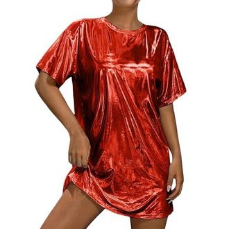 Generic Blouse &agrave; paillettes &agrave; &eacute;paules tombantes en m&eacute;tal pour femme couleur unie col rond tunique top basic brillant holographique m&eacute;tallis&eacute; chemise &agrave; manches