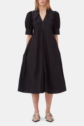 Ganni schwarz Midi-Kleid aus Baumwollpopeline mit V-Ausschnitt Baumwolle - Gr&ouml;&szlig;e 32