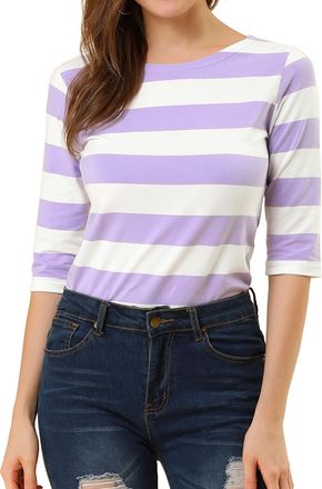 Allegra K Damen Gestreiftes Shirt U Boot Ausschnitt Halbarm Party Ferien Streifen Top Bluse Wei&szlig; Lila M