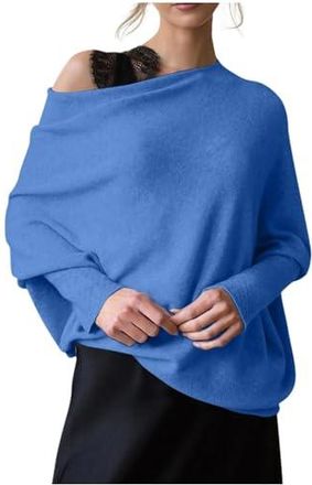 Generic Pull asym&eacute;trique drap&eacute; pour femme, manches longues chauve-souris, col bateau, &eacute;paules d&eacute;nud&eacute;es, pull tunique pull, bleu, Taille unique