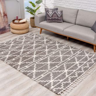 Carpet City Teppich Hochflor Wohnzimmer - Ethno Skandi Stil 80x200 cm Grau Creme - Teppich-Läufer mit Fransen