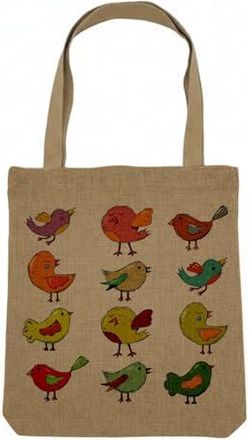 Fabulous Sac Shopping Tote Bag Aspect Lin - Oiseaux Multicolor Peinture Enfant Dessin Mignon - Sac de Courses Toile Epaisse 360g Beige Naturel Cabas Port&eacute; Epau