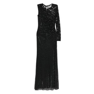 Self Portrait Langes One-Shoulder-Kleid mit Strass-Spitzen&auml;rmel - - Dresses - Damen - Schwarzk - S