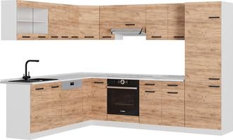 Vicco Eckküche R-Line, Küchenzeile in L-Form, Goldkraft Eiche/Weiß, 227 x 287 cm AP Marmor