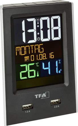 TFA Dostmann Charge-IT digitaler Funk-Wecker, 60.2537.01, mit USB-Ladefunktion, Raumklima, mit Kurzschlaftimer, schwarz, L 95 x B 61 x H 133 mm
