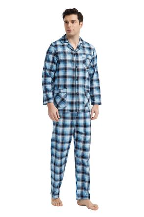 Global Herren Schlafanzug Flanell | Herren Pyjama Set Lang Baumwolle | Herren Zweiteilige Nachtw&auml;sche Loungewear Schlafanzughose Lang Gummizug und Kordelzug 