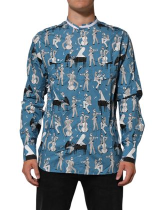 Dolce & Gabbana Mens Blue Jazz Printed Cotton Button Front Shirt