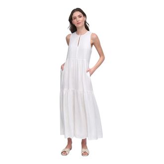 DKNY Dkny, Femme, Robes, Blanc, Taille: 38 FR Linen Sleeveless Tiered Maxi