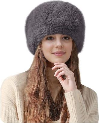 Lina & Lily Chapeau Femme Hiver en Fausse Fourrure, Bonnet Toque de Style Russe (Gris Foncé)