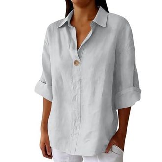 Generic Haut de printemps &agrave; manches 3/4 pour femme - D&eacute;contract&eacute; - Ample - Confortable - Col en V - Hauts de plage - Chemises en lin, blanc, 4XL