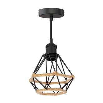 LEDs Com Vintage Pendelleuchte RETRA, schwarz, E27 Fassung, Käfig-Schirm, schwarz mit Hanf, 155mm Ø