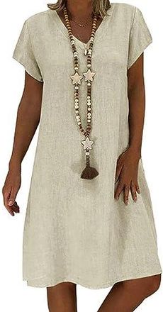 Onsoyours Femme Robe Chic Robe &Eacute;t&eacute; Robe de Plage Col V Casual Grande Taille Robe Manches Courte Unie T-Shirt Coton Lin Robes Boh&ecirc;me Midi Dress B Kaki FR 46