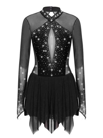 TiaoBug Damen Langarm Eiskunstlauf Kleider Mesh Splei&szlig; Ballettkleid Tanzkleider Glitzer Strass Steine Gymnastikanzug Turnanzug mit R&ouml;ckchen Schwarz D XL