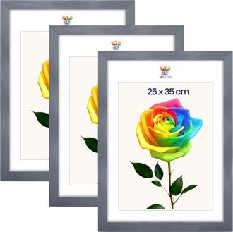 MG Design 3er Set Bilderrahmen 25 x 35 cm - Fotorahmen mit Grau Echtholzrahmen und bruchsicherem Acrylglas, Hoch & Quer zum Aufh&auml;ngen, zum Aufstellen