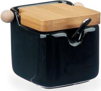 San Ignacio Zuckerdose aus Keramik, schwarz, Deckel aus Bambus, Kollektion VESSIA