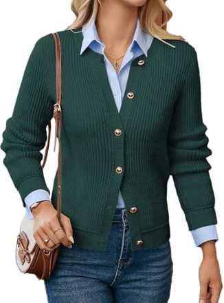 Grace Karin Cardigan &eacute;l&eacute;gant pour femme - Col rond - Manches longues - Blazer en tricot pour lautomne et lhiver - Boutonn&eacute;, Vert, L