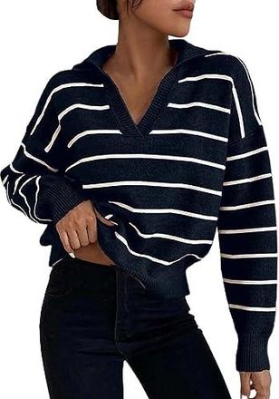 Generic Pull Col Roul&eacute; Laine Pull Long Femme Hiver Chaud Pull ray&eacute; &agrave; Manches Longues pour Femme, col en V, d&eacute;contract&eacute;, Ample, Bloc de Couleurs, l&eacute;ger, tricot