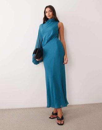 Asos robe longue &agrave; une manche avec effet superpos&eacute; blouson et coupe biais, bleu canard