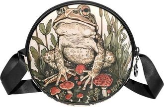 Generic Sac &agrave; bandouli&egrave;re rond pour femme, motif champignons grenouille, petit sac &agrave; bandouli&egrave;re avec fermeture &eacute;clair, bretelles r&eacute;glables, sac &agrave; main rond d