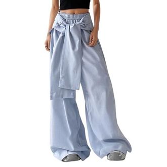 Generic Vestes pour femmes, pantalon palazzo fluide, taille haute, pantalon large &agrave; jambes larges, tenue d&eacute;t&eacute; 2025, bleu, XXL