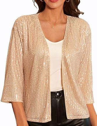 Grace Karin Vintage Cardigan Femme Pull Manches Longues à Sequins Col V Classique Elegante Bolero Blouson Boutons Chic Abricot Sequins L