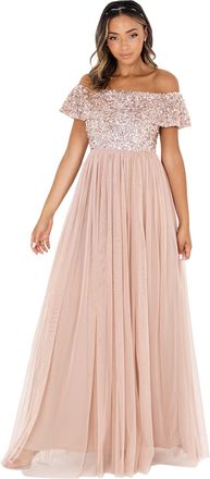 Maya Damen Dames Bardot Jurk Voor Vrouwen Maxi Versierd Hoge Empire Taille Mouwloos Tulle Voor Bruiloft Gast Pr Brautjungfernkleid, Taupe Blush, 46 Große G