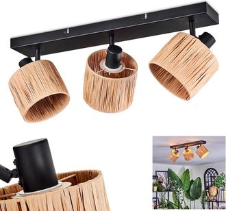 HOFSTEIN Deckenleuchte Granja, Deckenlampe aus Metall/Bast in Schwarz/Naturfarben, verstellbare Leuchte im Boho-Design (Schirme &Oslash; 12 cm), 3 x E14, Esszimmer, W