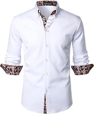 PARKLEES Chemise boutonnée à manches longues pour homme - Motif cachemire - Coupe ajustée, blanc, XXL