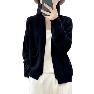 Generic Cardigan tricot&eacute; en laine fine m&eacute;lang&eacute;e &agrave; col en V sans boucle pour femme, noir, Taille XS