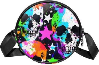 Generic Petit sac &agrave; bandouli&egrave;re circulaire pour femme, motif cr&acirc;nes, petit sac &agrave; dos &agrave; bandouli&egrave;re avec fermeture &eacute;clair, bretelles r&eacute;glables, sac &agrave; main rond