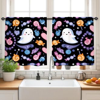 Generic Geister-K&uuml;chenvorh&auml;nge, Halloween, ausgefallene Herzen, S&uuml;&szlig;igkeiten, Halloween, schwarz, kurze Vorh&auml;nge f&uuml;r Fenster f&uuml;r Waschk&uuml;che, Waschbecken, Flur,