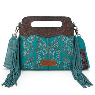 Montana West Wrangler Sac &agrave; bandouli&egrave;re avec poign&eacute;e sup&eacute;rieure pour femme avec franges brod&eacute;es, M Turquoise