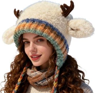 Generic Chapeau de rangement en forme de bois de renne - Design fantaisie de No&euml;l en laine avec cache-oreilles, sac de transport cr&eacute;atif en tricot avec d&eacute;tail