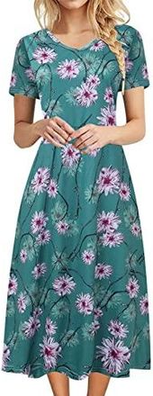 Generic Robe boh&egrave;me 2026 pour femme, robe trap&egrave;ze confortable, col rond, manches courtes, imprim&eacute; floral boh&egrave;me, t-shirt ample et fluide, Vert, L