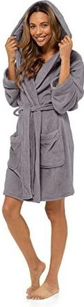 Lora Dora Peignoir Femmes Peignoir de Luxe Court à Capuche pour Adolescentes Robe de Chambre en Polaire Loungewear Cadeau Gris Très Grand