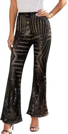 Generic Pantalon palazzo &agrave; paillettes pour femme - Pantalon &agrave; paillettes - Taille haute - Jambe large &eacute;vas&eacute;e, Noir, XXL