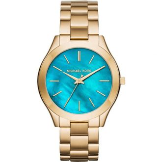 Michael Kors MK3492 Slim Runway 42mm Goldfarbene Edelstahl Damenarmbanduhr mit blauen Zifferblatt
