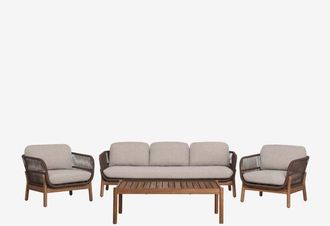 Sklum Gartenset mit 3-Sitzer-Sofa, 2 Sesseln und Couchtisch aus Akazienholz und geflochtener Karvia-Seil Akazie Braun